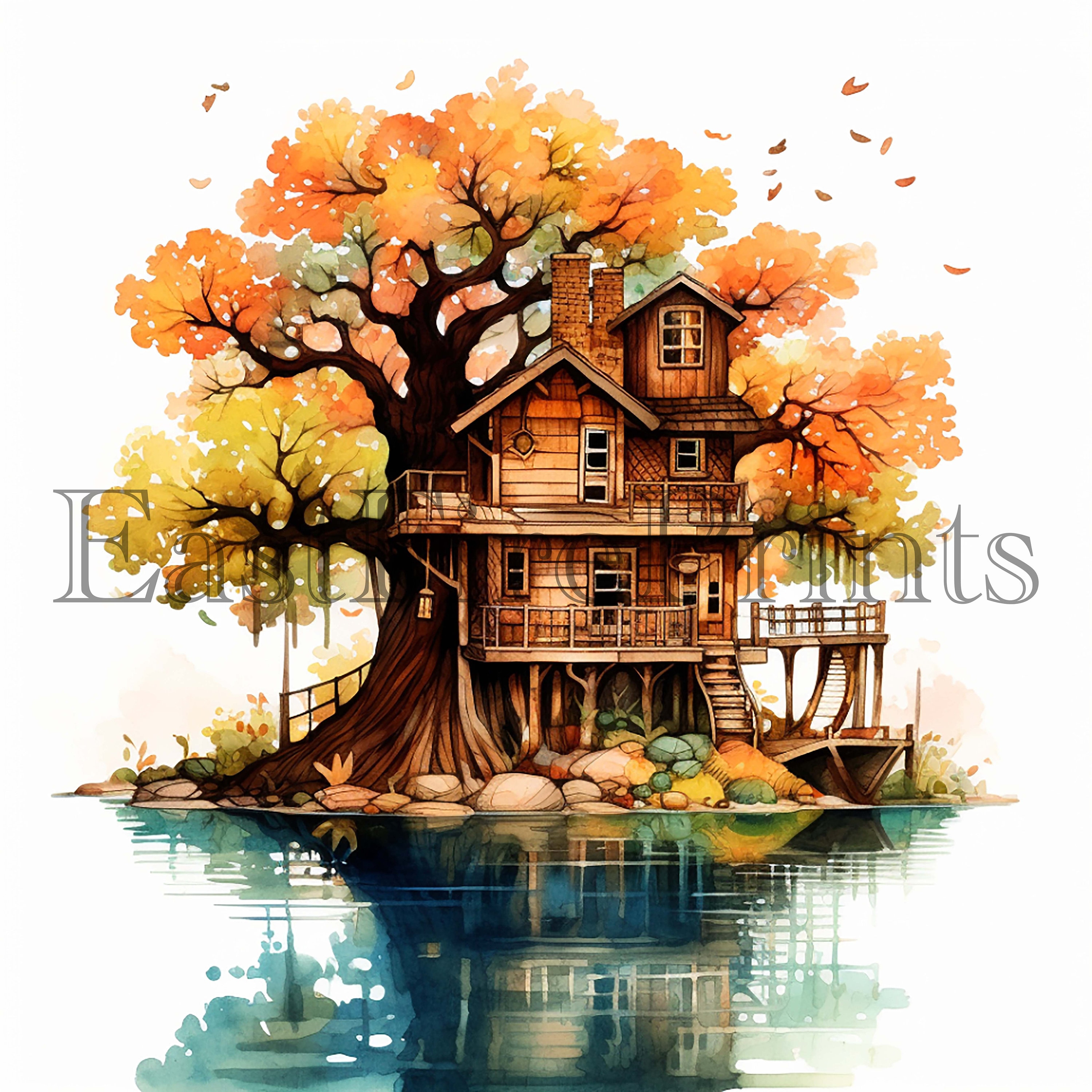 Watercolor Fall Tree House Clipart Forest Clipart Autumn - Etsy