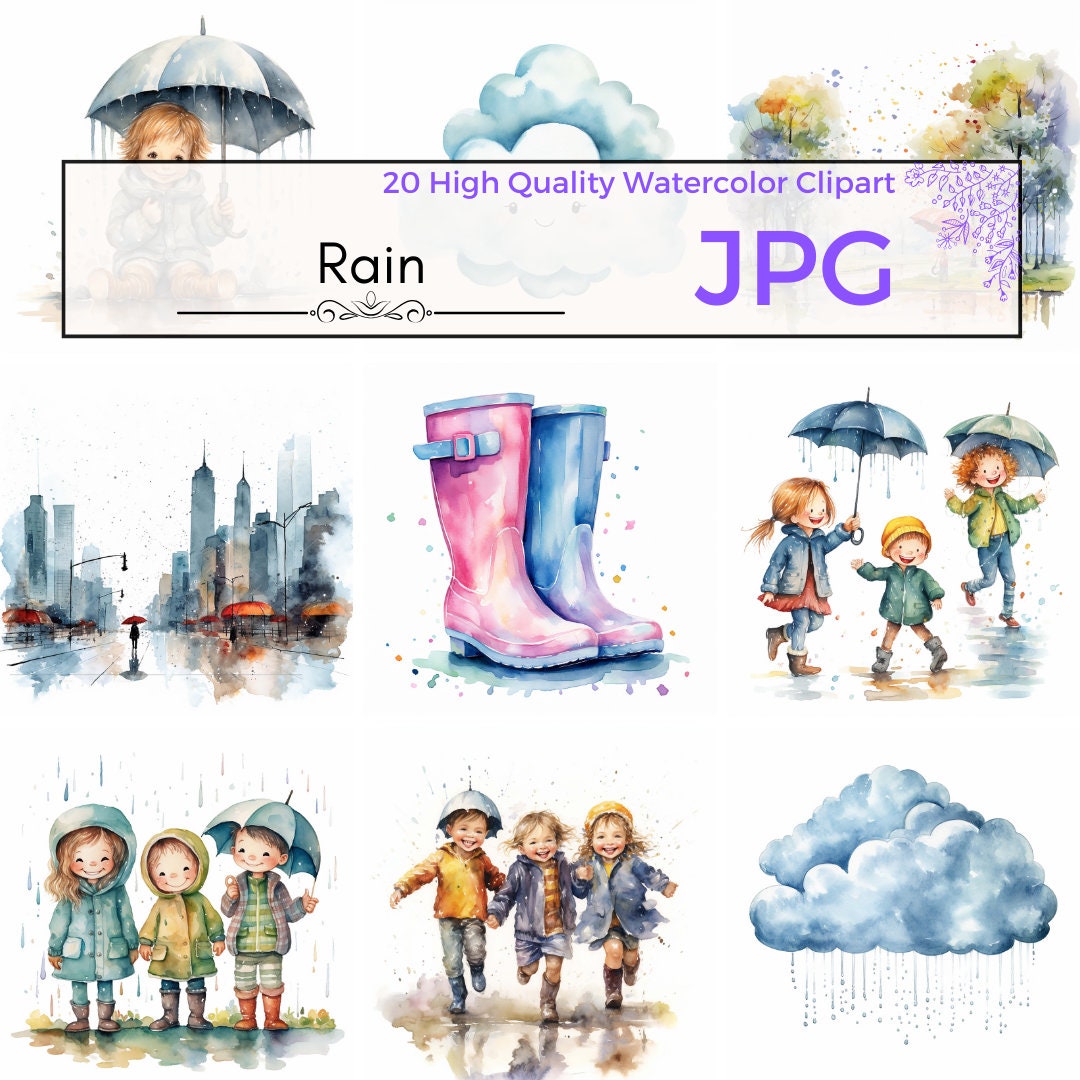 Watercolor Rain Clipart, Rain Graphics Children Clipart Nursery ...