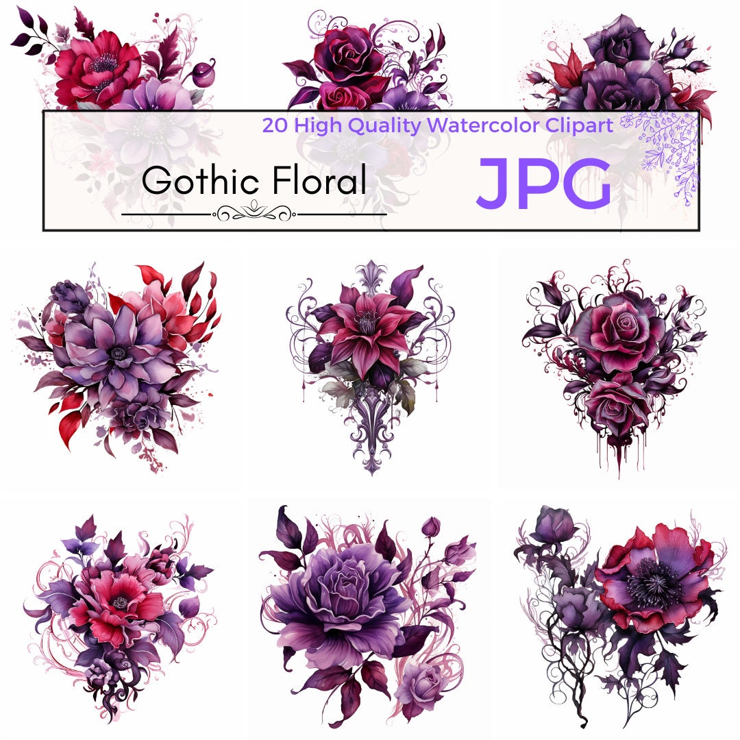 Watercolor Gothic Floral Clipart, Magical Gothic Flowers Fairytale ...