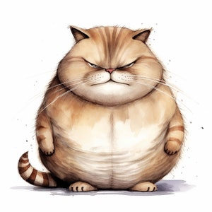 Watercolor Fat Cat Clipart, High Quality JPG, Cubby Cat Wall Art, Funny ...