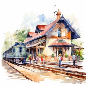 Watercolor Vintage Train Station Clipart, Train Clipart, Nursery ...