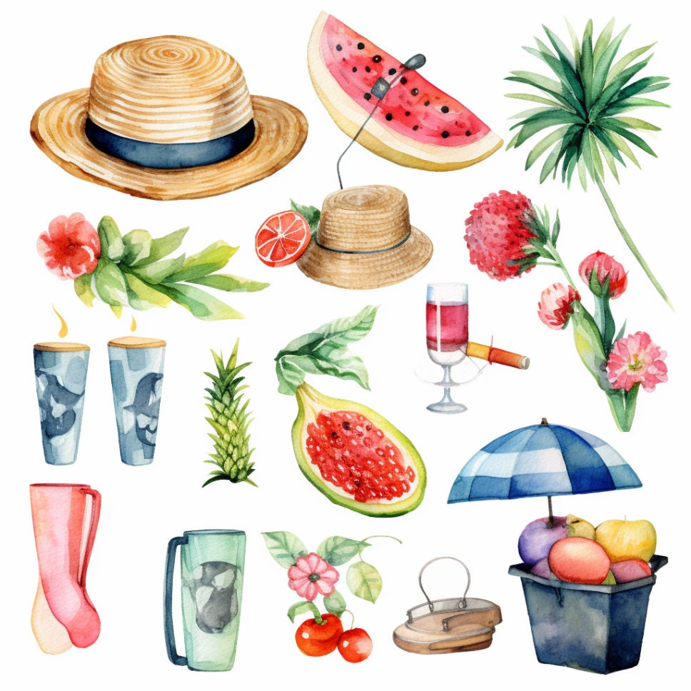 Watercolor Summer Clipart Set of 10 Card Making High - Etsy