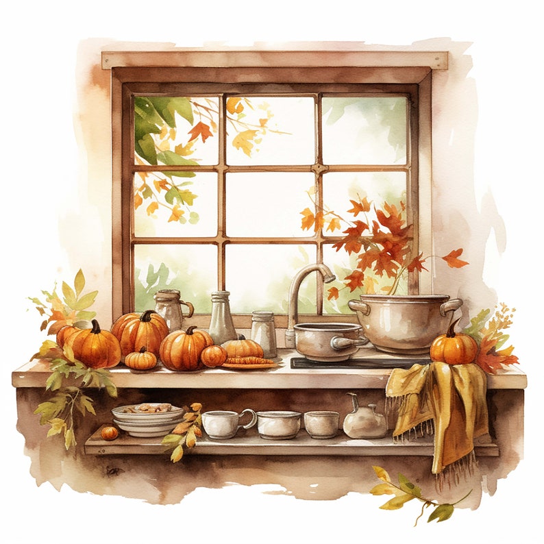 Watercolor Fall Kitchen Clipart Autumn Printables Fall - Etsy