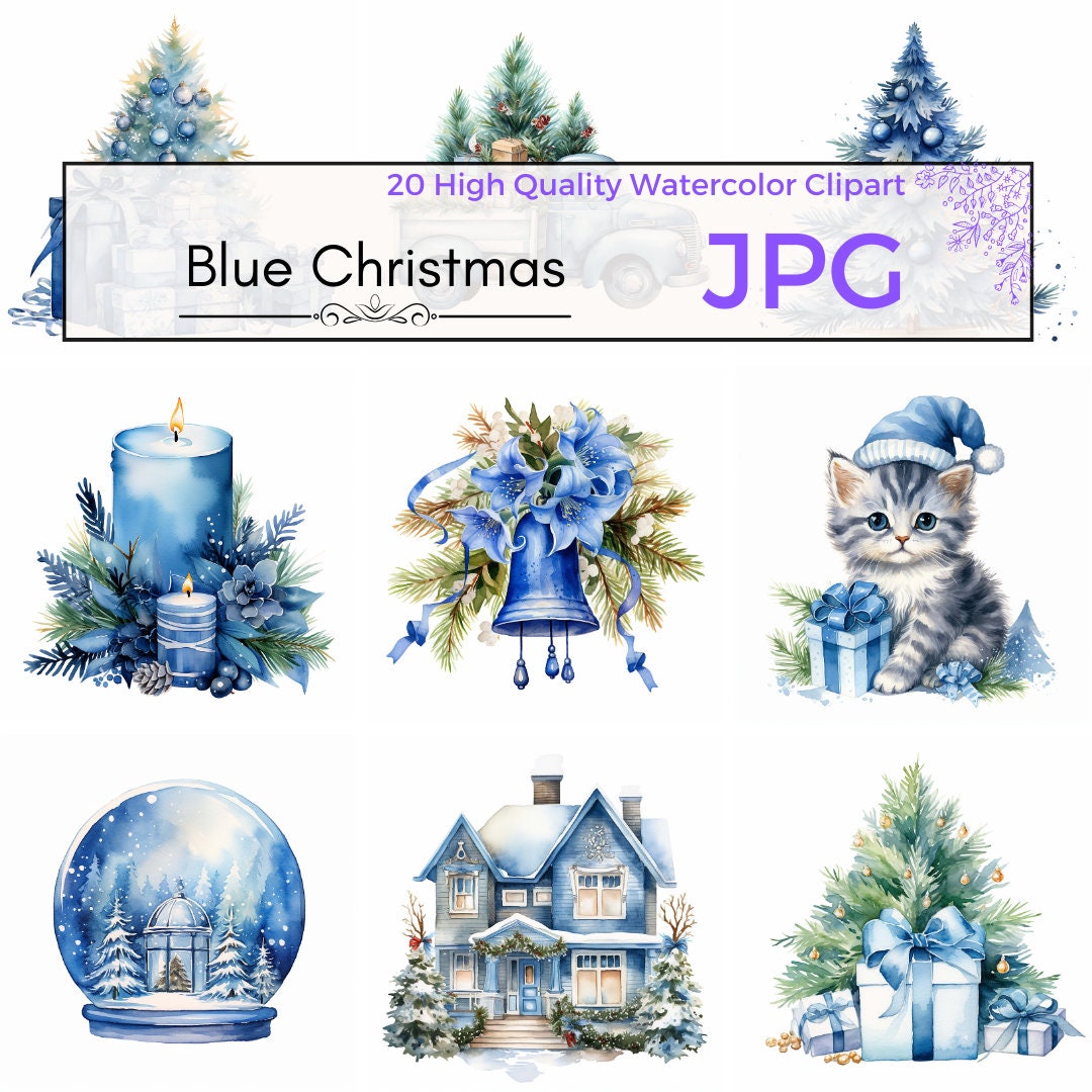 Watercolor Blue Christmas Clipart, High Quality JPG, Christmas JPG ...