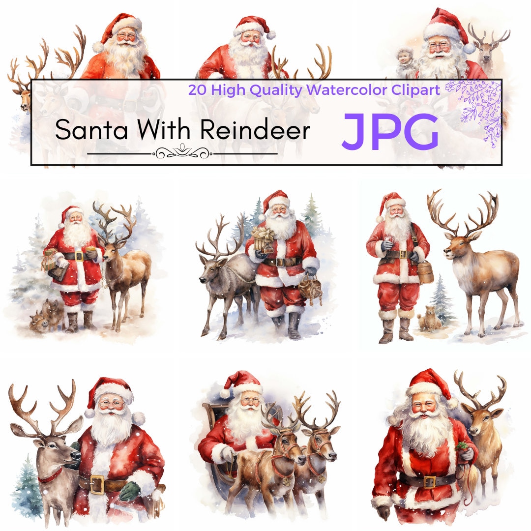 Watercolor Santa With Reindeer Clipart, Christmas Clipart, Santa Claus ...