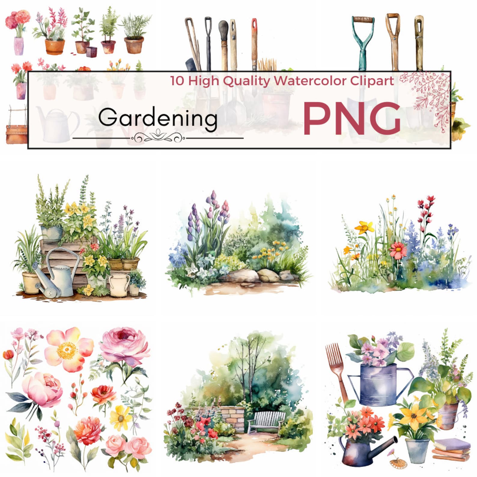 Watercolor Gardening Clipart Set Clipart Floral Digital - Etsy