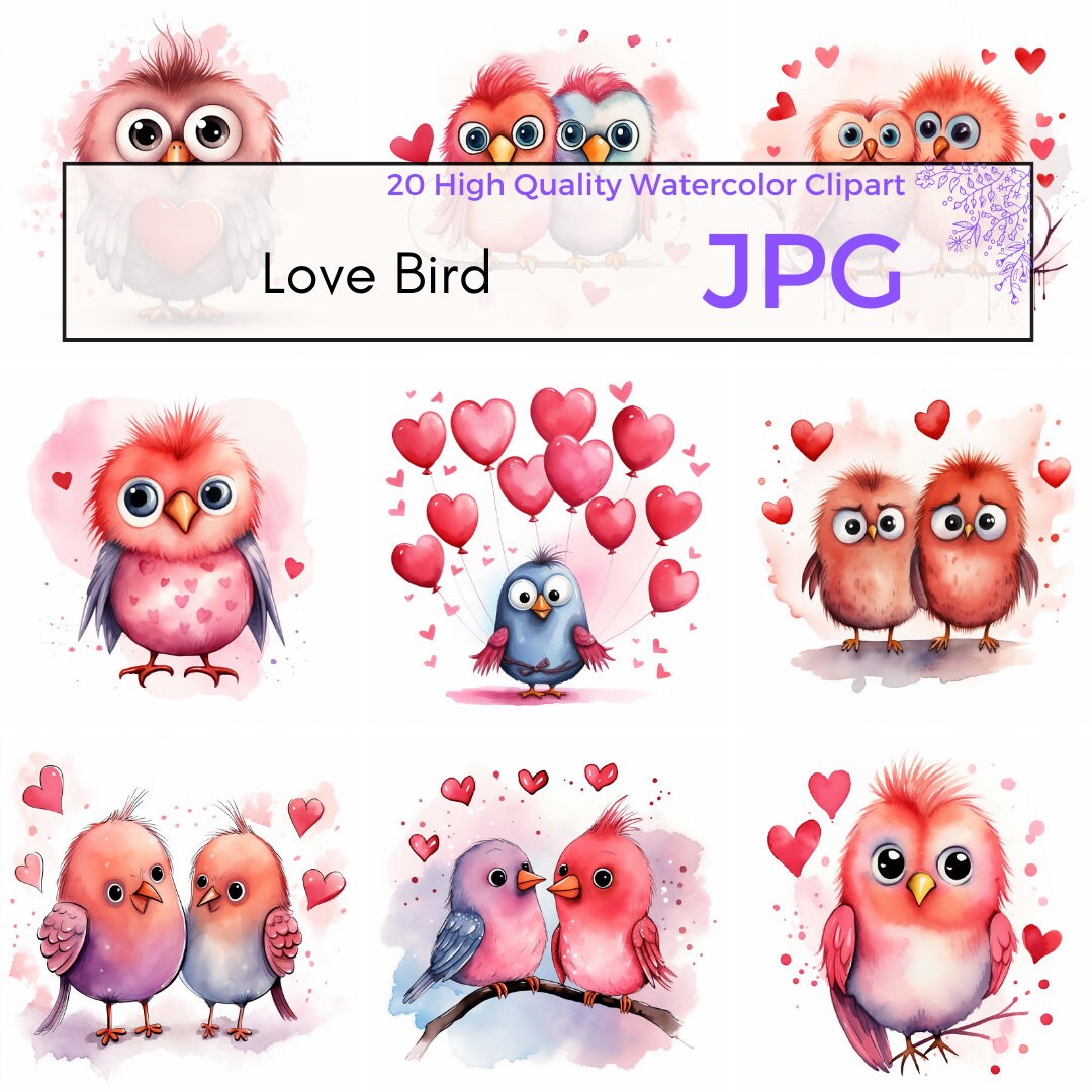 Watercolor Love Bird Clipart, High Quality JPG, Valentines Day Clipart ...