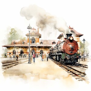 Watercolor Vintage Train Station Clipart, Train Clipart, Nursery ...
