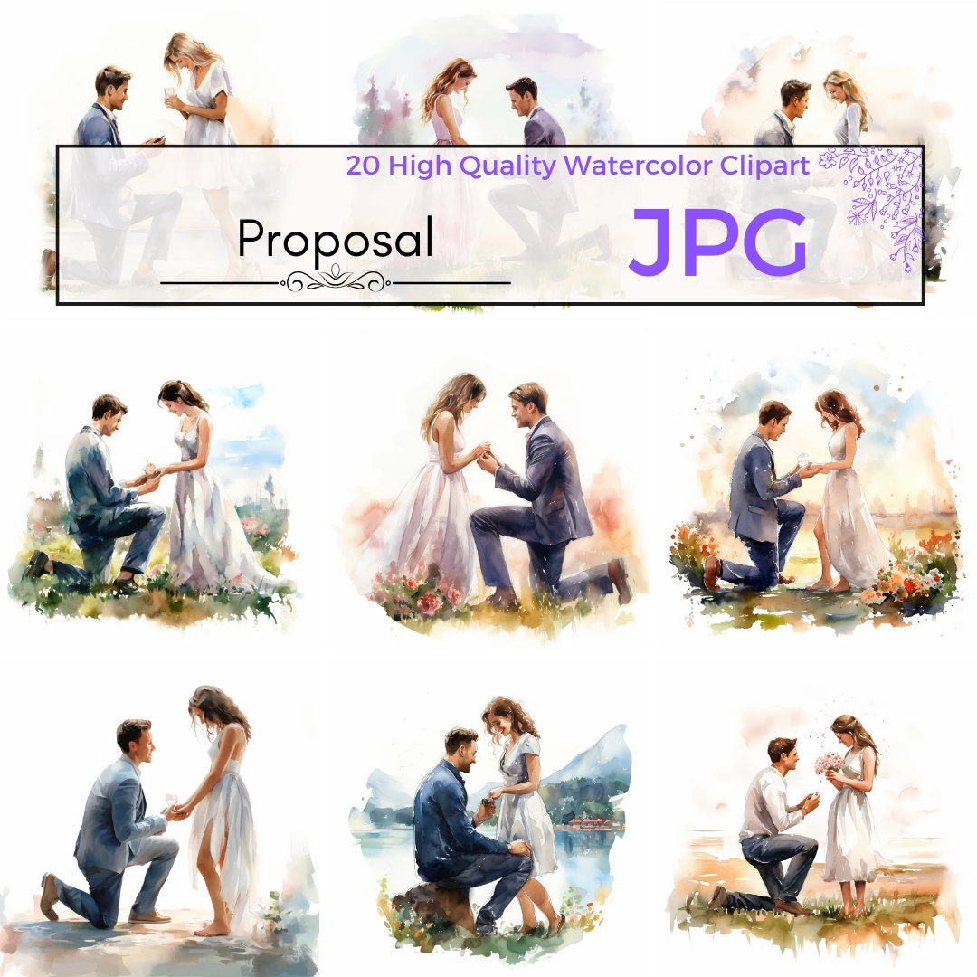 Watercolor Marriage Proposal Clipart, Bride and Groom Clip Art, Wedding ...