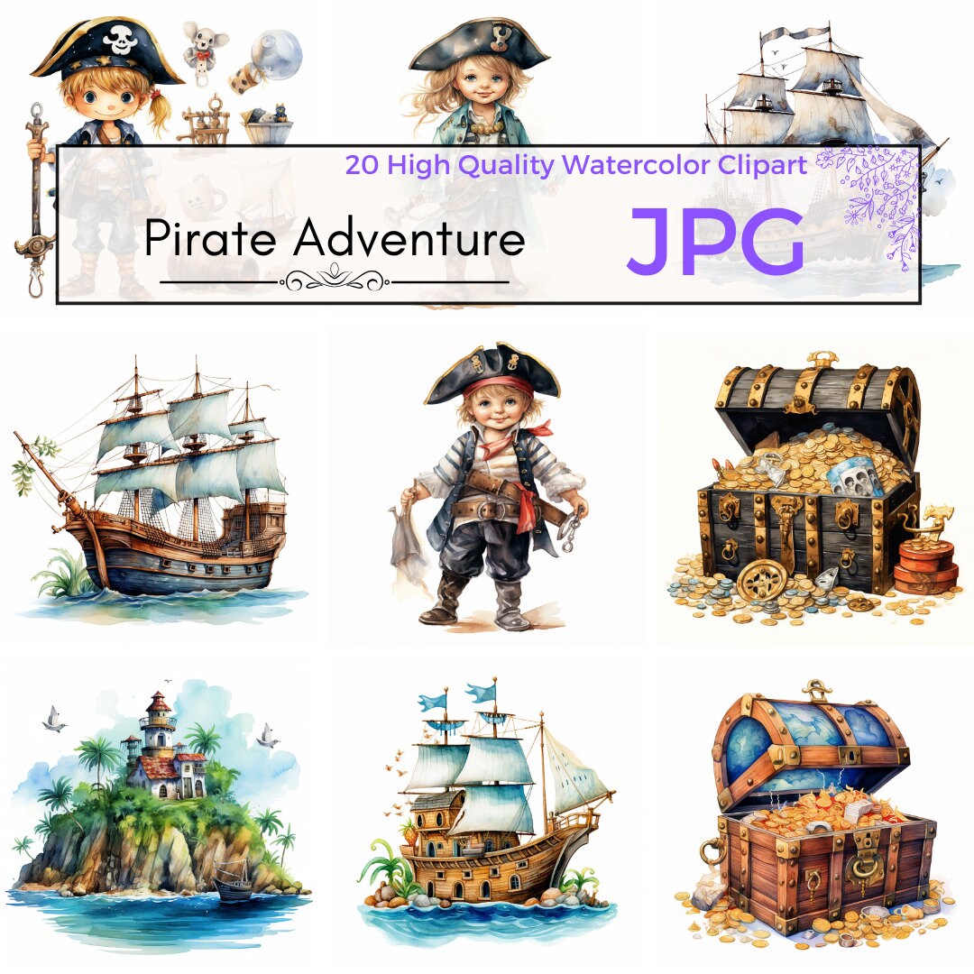 Watercolor Pirate Adventure Clipart, Treasure Clipart, Nursery Clipart ...