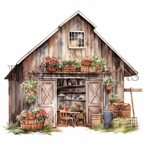 20 PNG Watercolor Rustic Farm Barns Clipart, Scrapbooking, Country ...