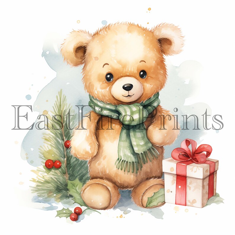 Watercolor Christmas Teddy Bear Clipart High Quality Png - Etsy
