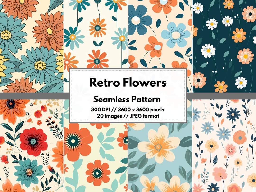 Retro Flowers Digital Paper, High Quality JPG, Retro Floral Seamless ...