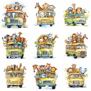 Watercolor Safari Animals on School Bus Clipart, High Quality Png ...
