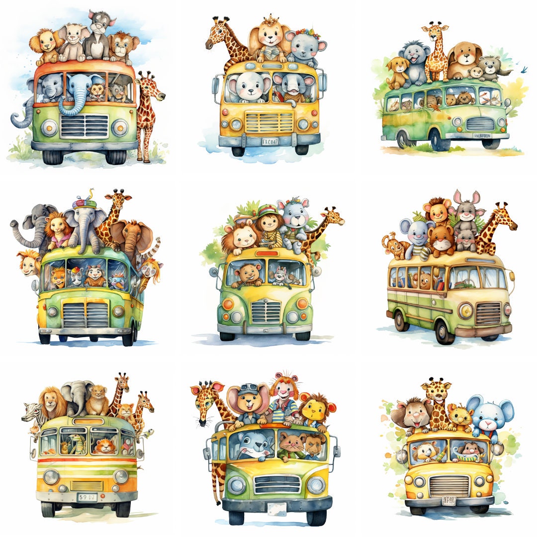 Watercolor Safari Animals on School Bus Clipart High Quality - Etsy