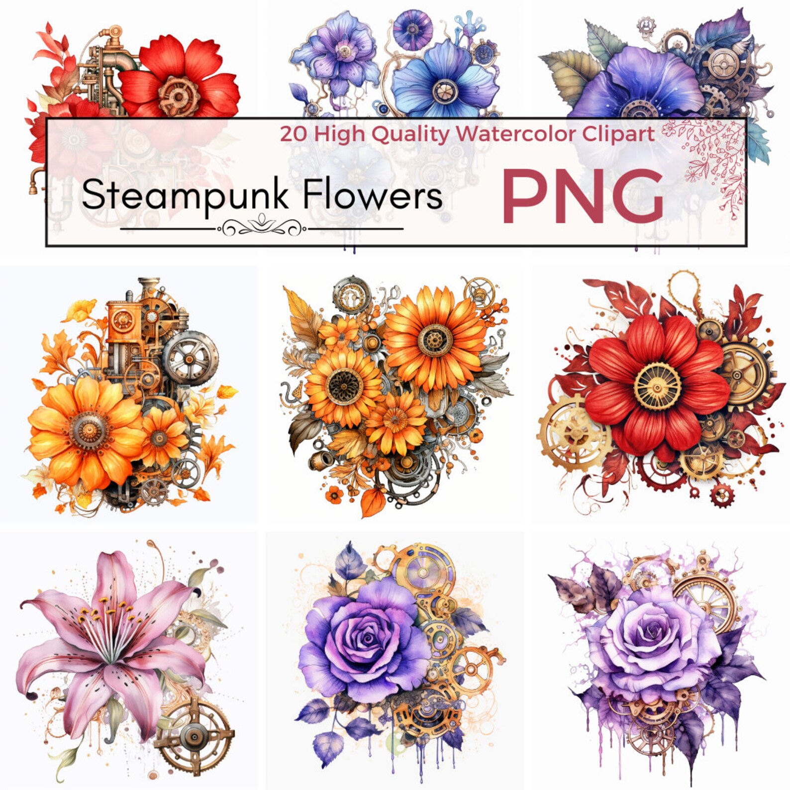 20 Steampunk Flowers Watercolor Clipart, PNG, Steampunk Roses, Antique ...