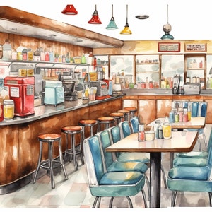 Watercolor Diner Scene Clipart, Retro Clipart, Vintage Diner Clipart ...