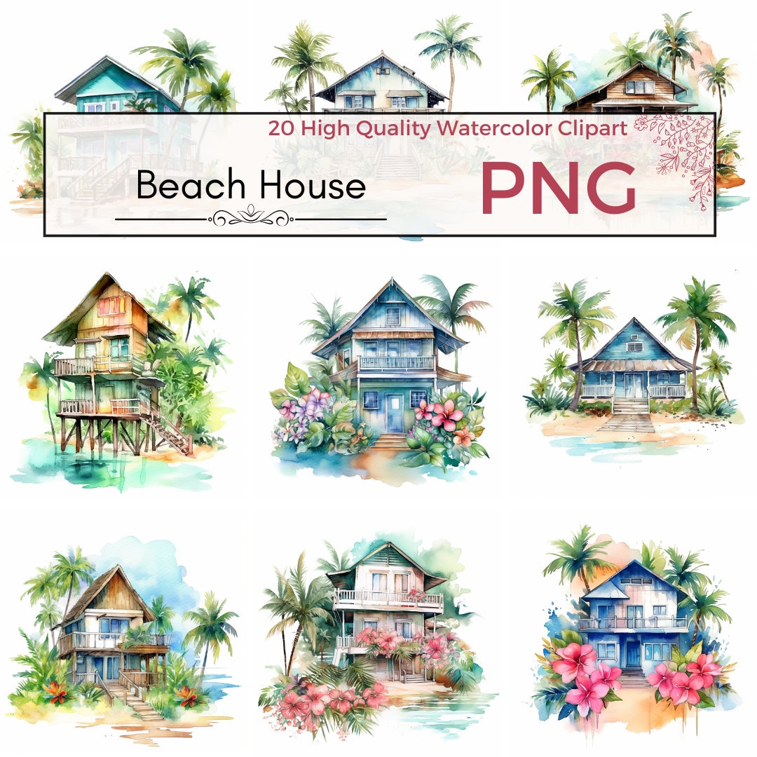 20 Watercolor Beach House Clipart PNG | Summer, Vacation, Digital ...