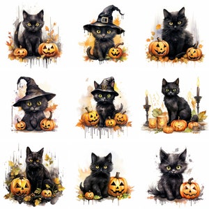 Watercolor Halloween Black Cat Clipart, Spooky Clipart Black Cat ...