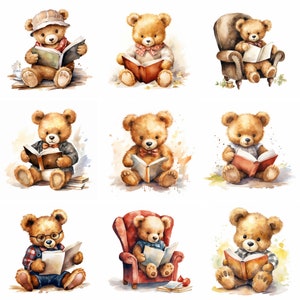 Watercolor Teddy Bear Reading Clipart, High Quality JPG, Cute Nursery ...