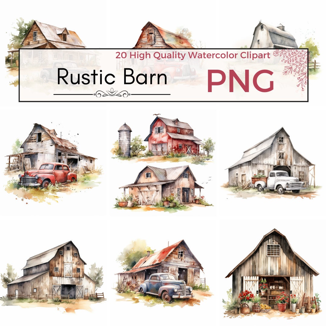 20 PNG Watercolor Rustic Farm Barns Clipart, Scrapbooking, Country ...