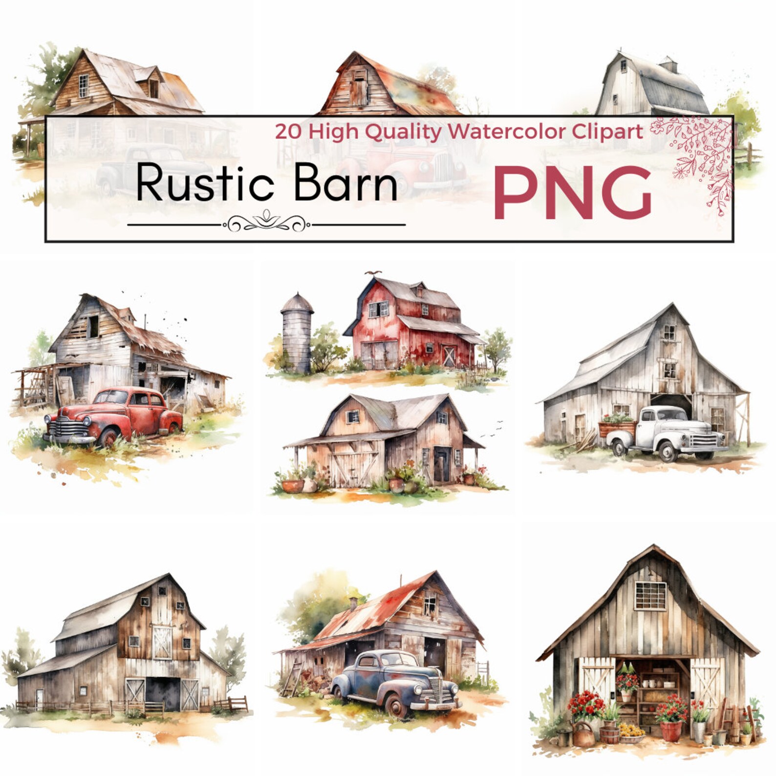 20 PNG Watercolor Rustic Farm Barns Clipart Scrapbooking - Etsy