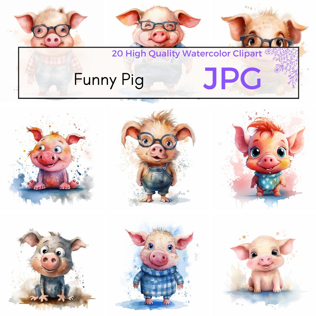 Watercolor Funny Quirky Pig Clipart, High Quality JPG, Nursery Decor ...