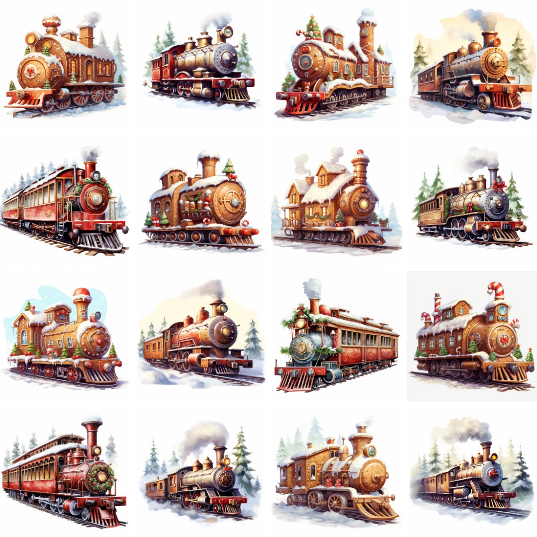 20 Christmas Train Watercolor Clipart High Quality Png - Etsy