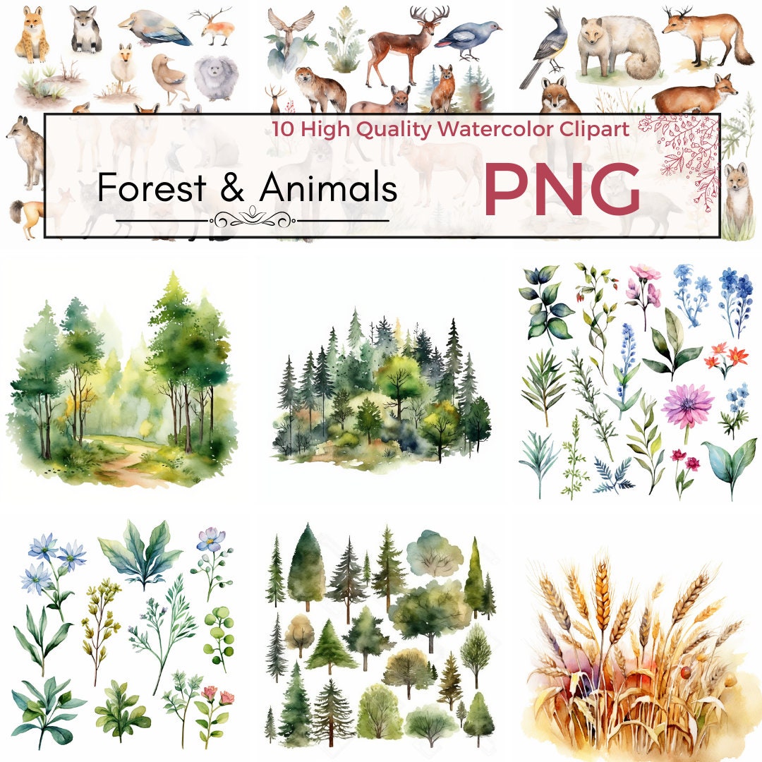 Watercolor Forest and Animals Clipart - Set of 10, Card Making, High ...
