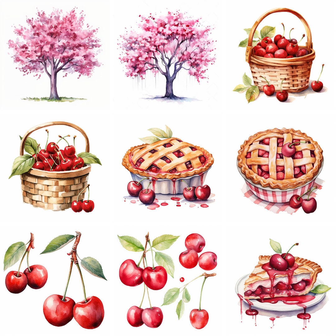 20 Watercolor Cherry Clipart Red Cherries Clipart Digital - Etsy