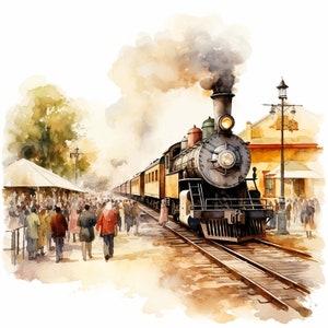 Watercolor Vintage Train Station Clipart, Train Clipart, Nursery ...
