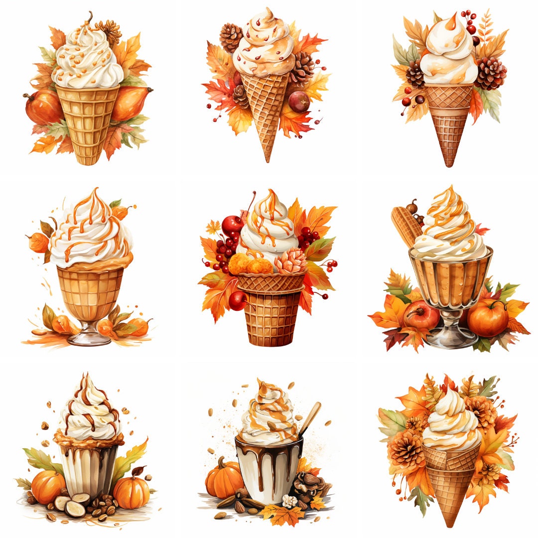 Watercolor Autumn Ice Cream Clipart, Dessert Art, Halloween Clipart ...