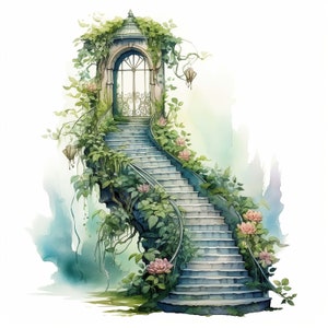 Watercolor Fantasy Staircase Clipart, Garden Fairy Steps Fantasy ...
