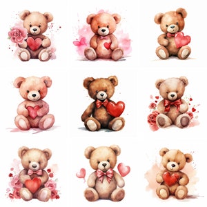 Valentine Teddy Bear PNG, Watercolor Clipart, Love Wall Art, Valentine ...