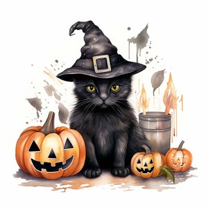 Watercolor Halloween Black Cat Clipart, Spooky Clipart Black Cat ...