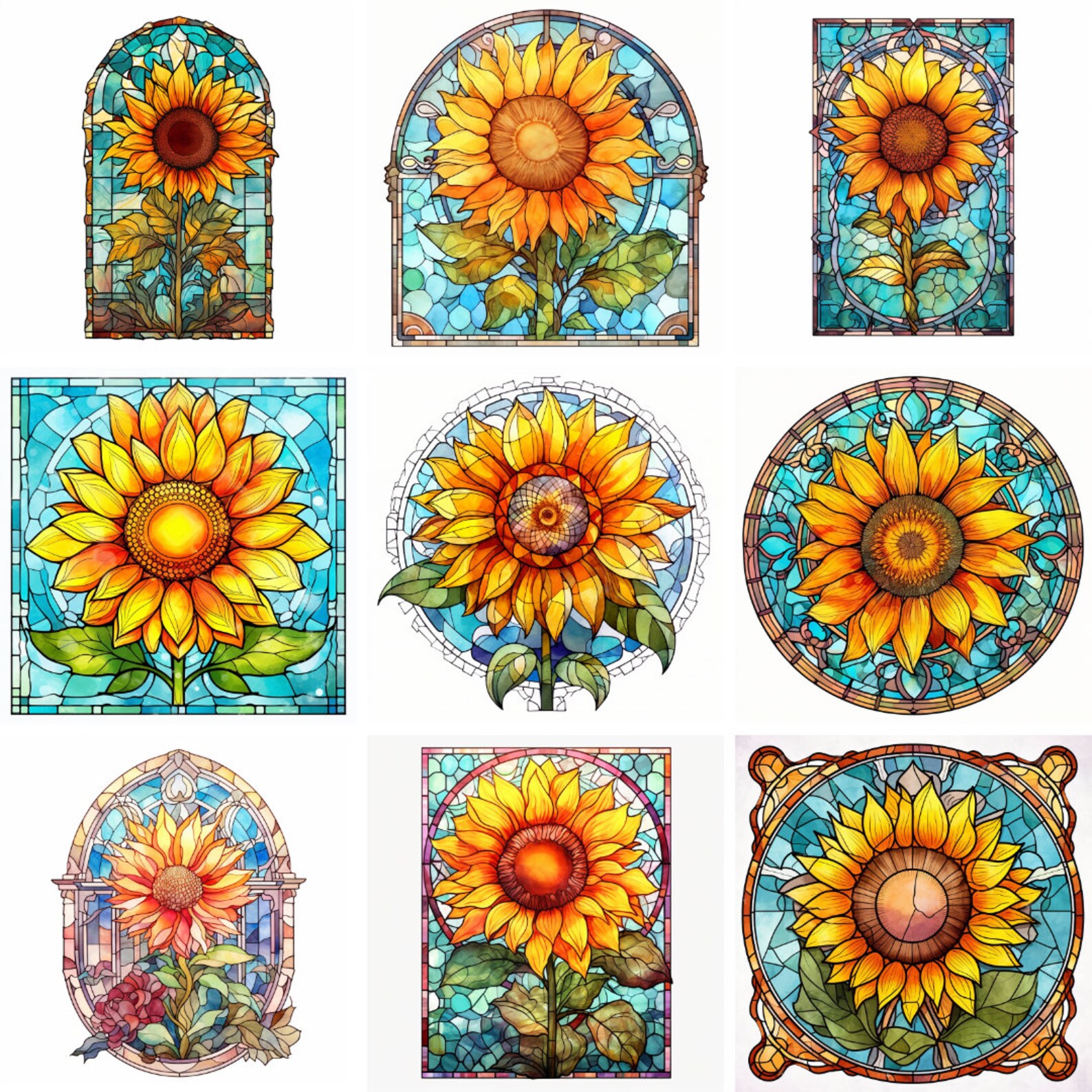 20 Watercolor Stained Glass Sunflowers Clipart PNG Fantasy - Etsy
