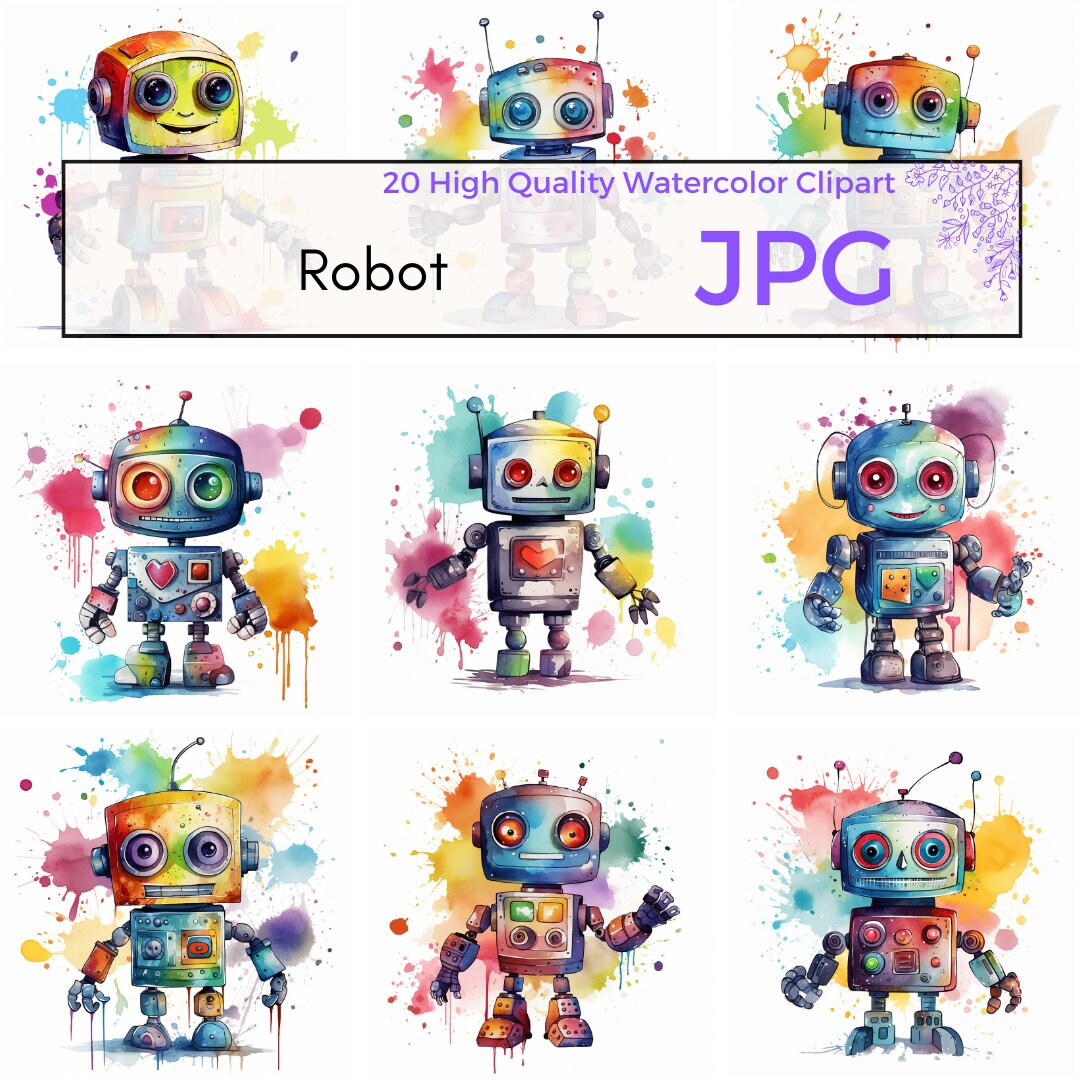Watercolor Robot Clipart, High Quality JPG, Cute Kids Clipart, Nursery ...