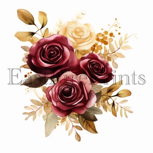 Maroon and Gold Rose Clipart, Watercolor Clipart, Floral Clipart Png ...