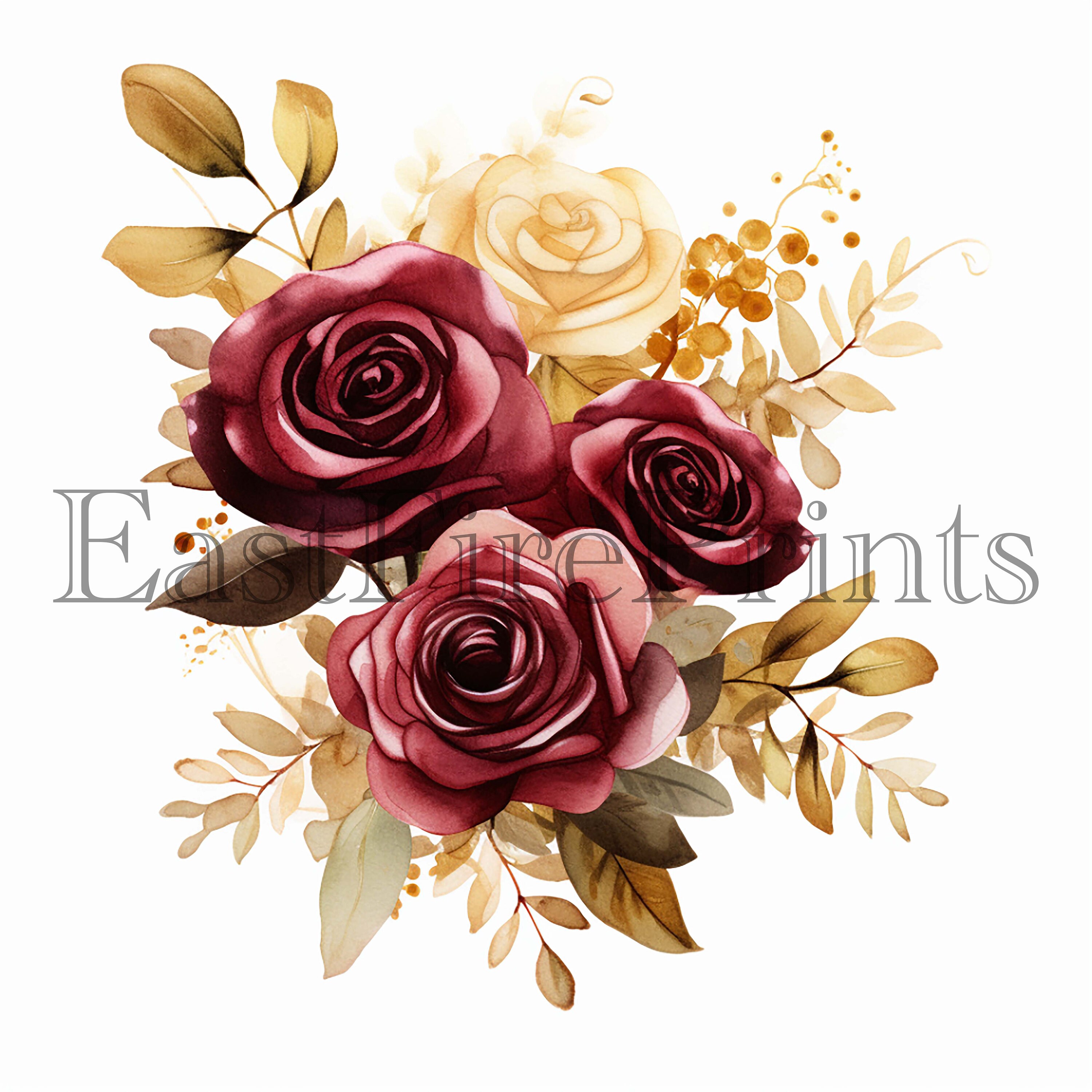 Maroon and Gold Rose Clipart Watercolor Clipart Floral - Etsy