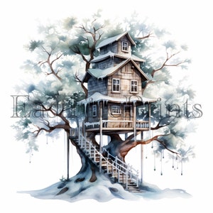 Watercolor Winter Tree House Clipart, High Quality Png, Christmas Clip ...