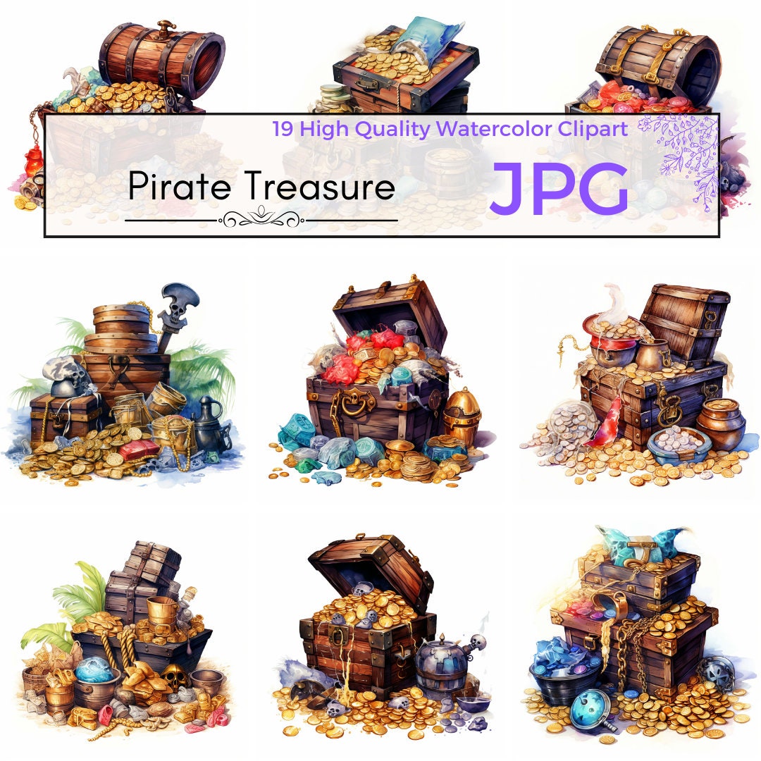 Watercolor Pirate Treasure Clipart, Treasure Chest Gold Coins Clipart ...