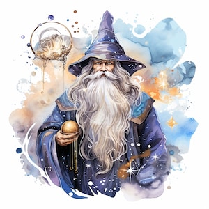 Watercolor Celestial Wizard Clipart, High Quality JPG, Fantasy Wall Art ...