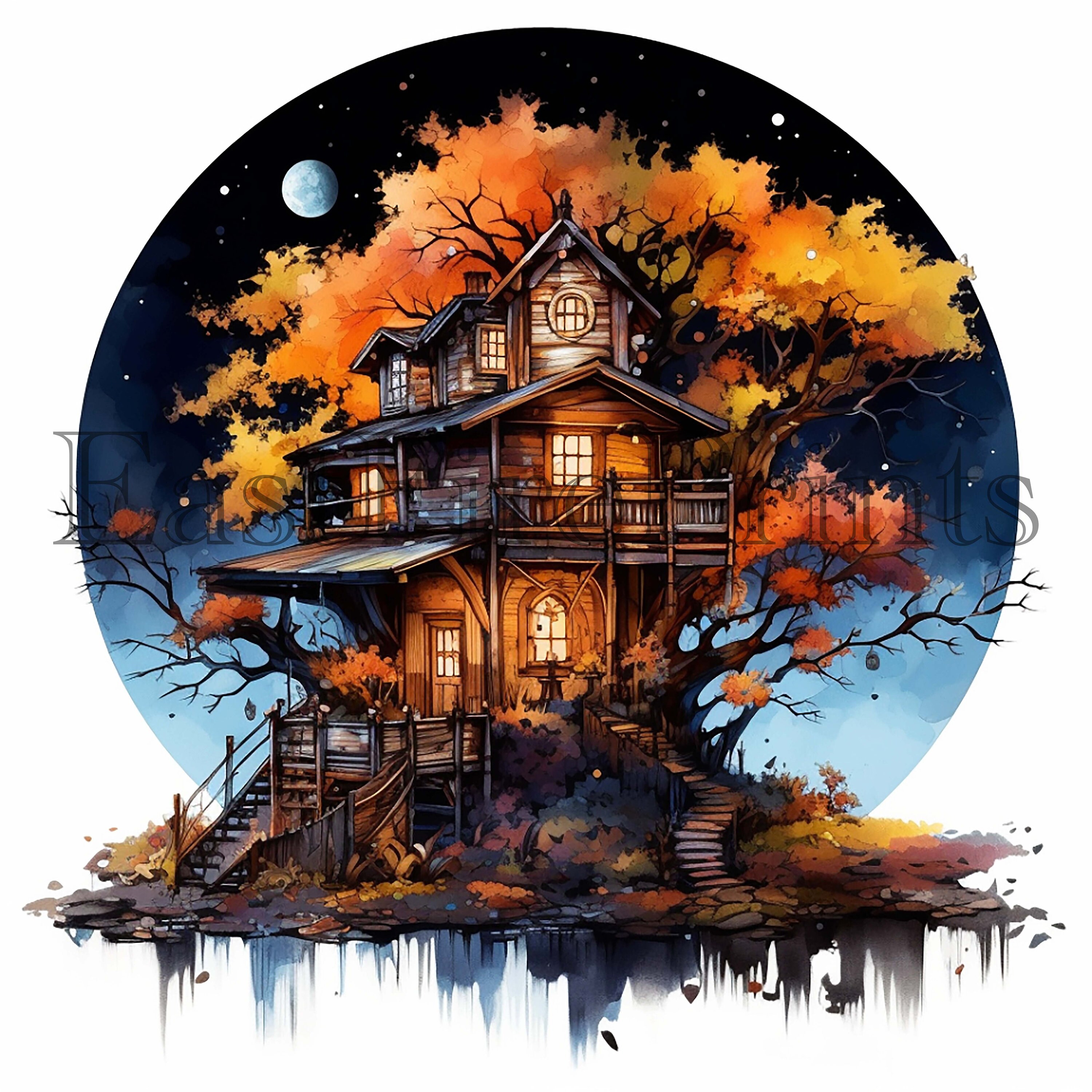 Watercolor Fall Tree House Clipart Forest Clipart Autumn - Etsy