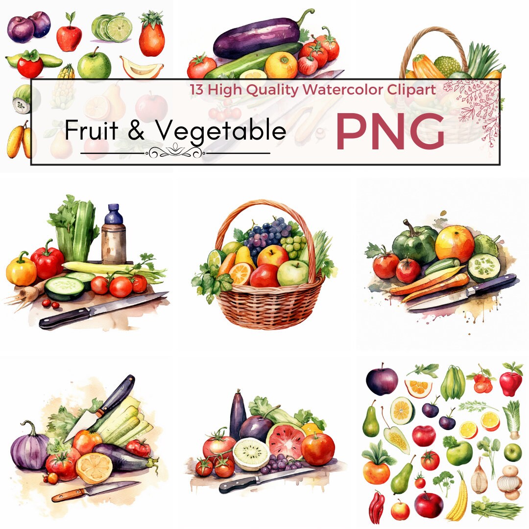 13 Watercolor Fruit and Vegetable Clipart Set - Digital Prints, Fruit ...