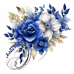 Watercolor Royal Blue and Silver Floral Clipart, Rustic, Wedding ...