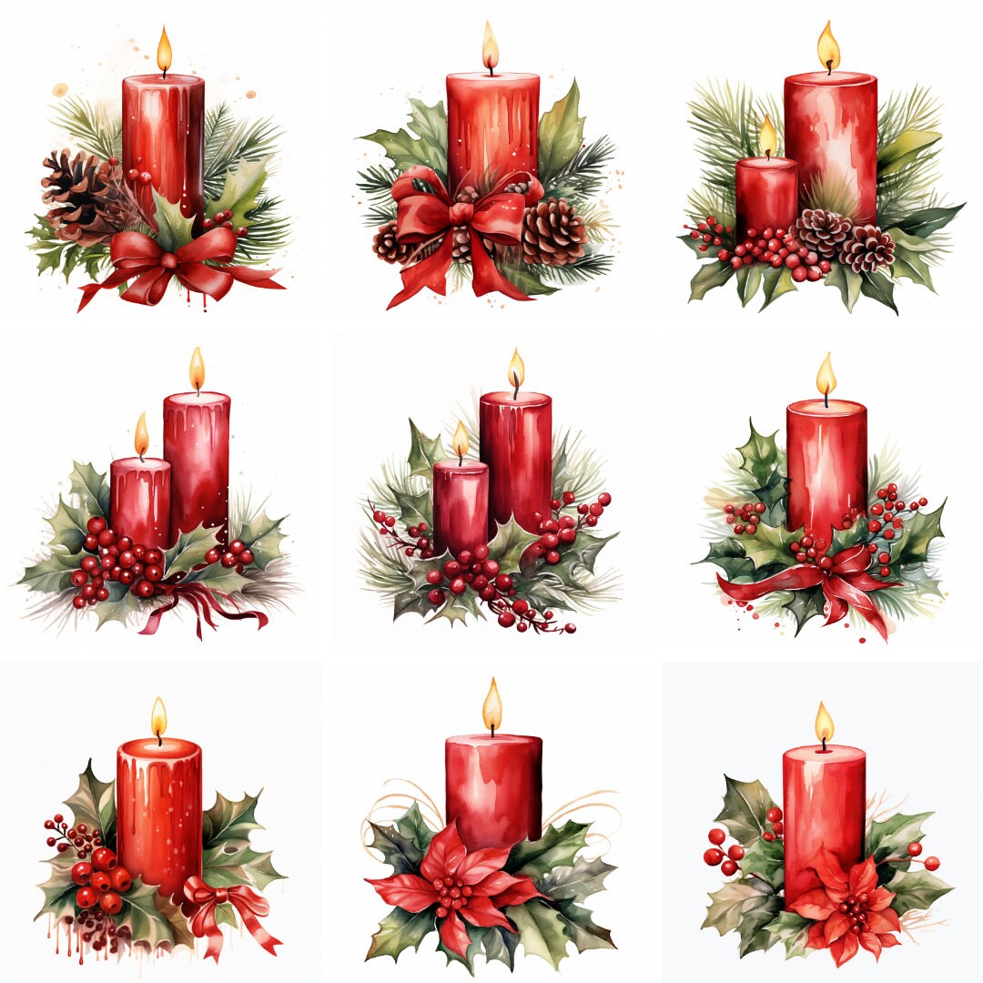 Watercolor Christmas Candle Clipart PNG Files, Xmas Clip Art Printables ...