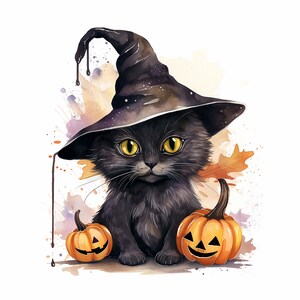 Watercolor Halloween Black Cat Clipart, Spooky Clipart Black Cat ...