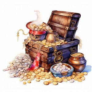Watercolor Pirate Treasure Clipart, Treasure Chest Gold Coins Clipart ...