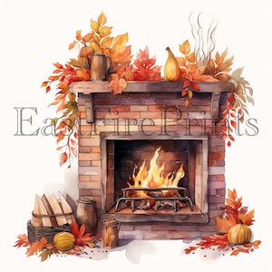 20 Fireplace Fall Watercolor Clipart, High Quality Png, Autumn Digital ...