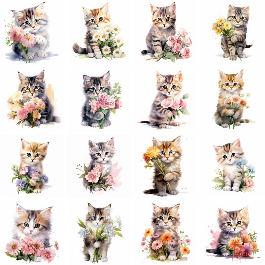 20 Cat With Flowers Clip Art, Botanical Flower Clipart, Cat Clipart ...